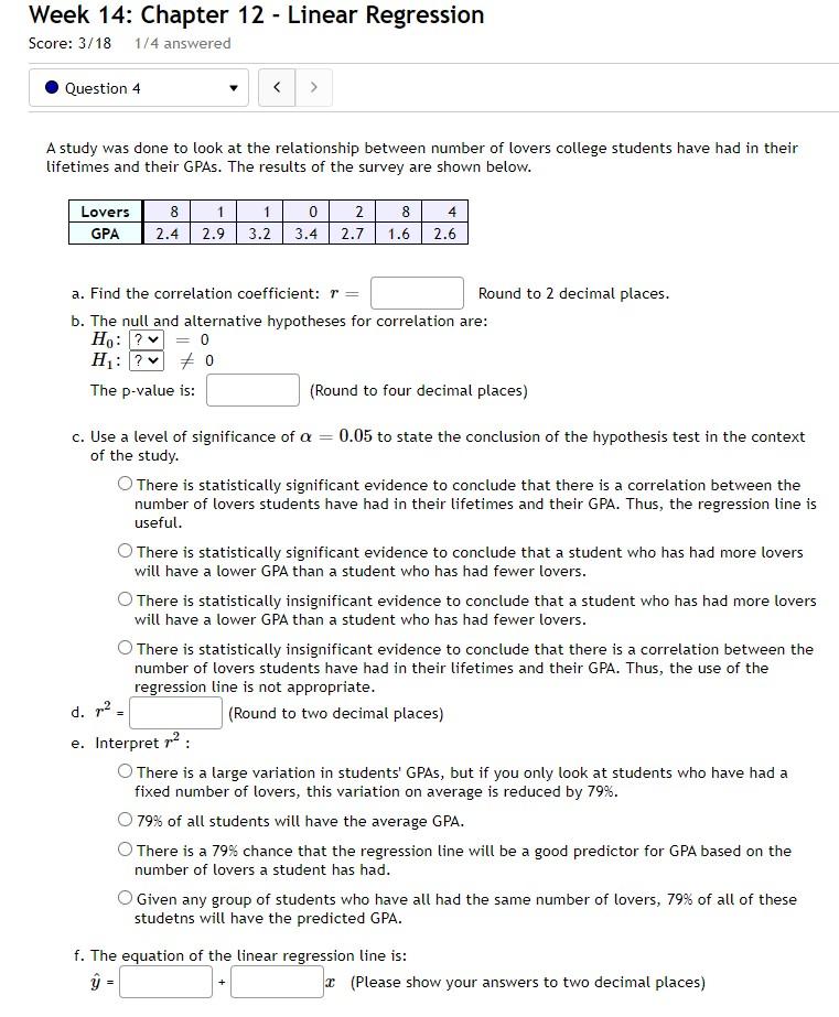 Solved Week 14: Chapter 12 - Linear Regression Score: 3/18 | Chegg.com