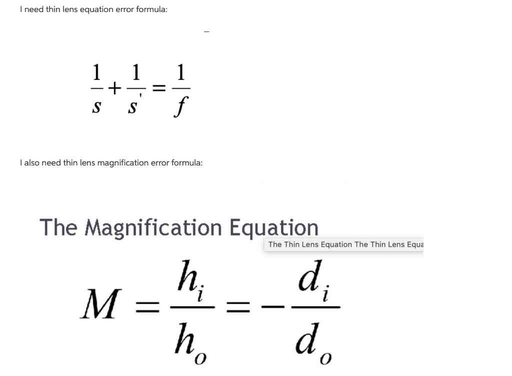 I need thin lens equation error formula: 1 + = 1 f S | Chegg.com