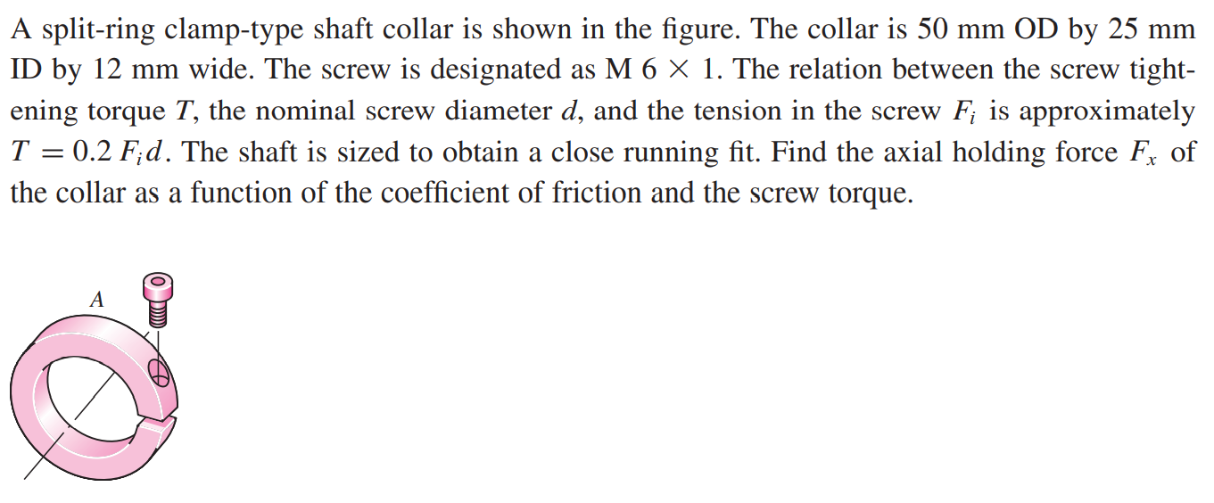 A split-ring clamp-type shaft collar is shown in the | Chegg.com