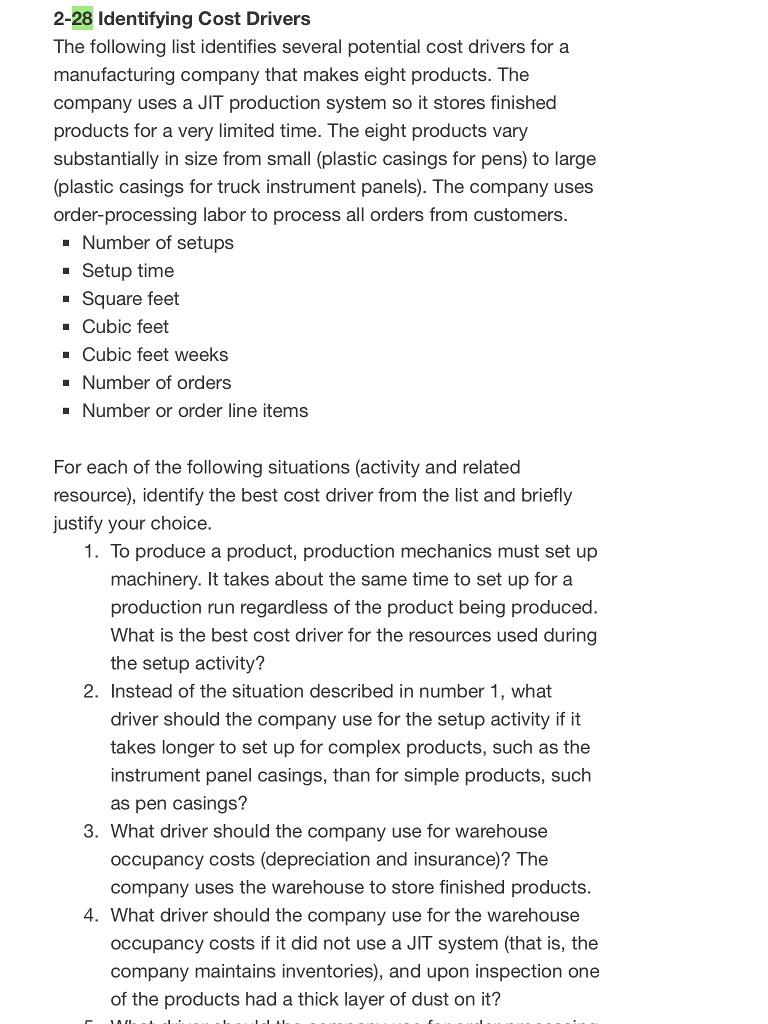 Solved 2-28 Identifying Cost Drivers The following list | Chegg.com