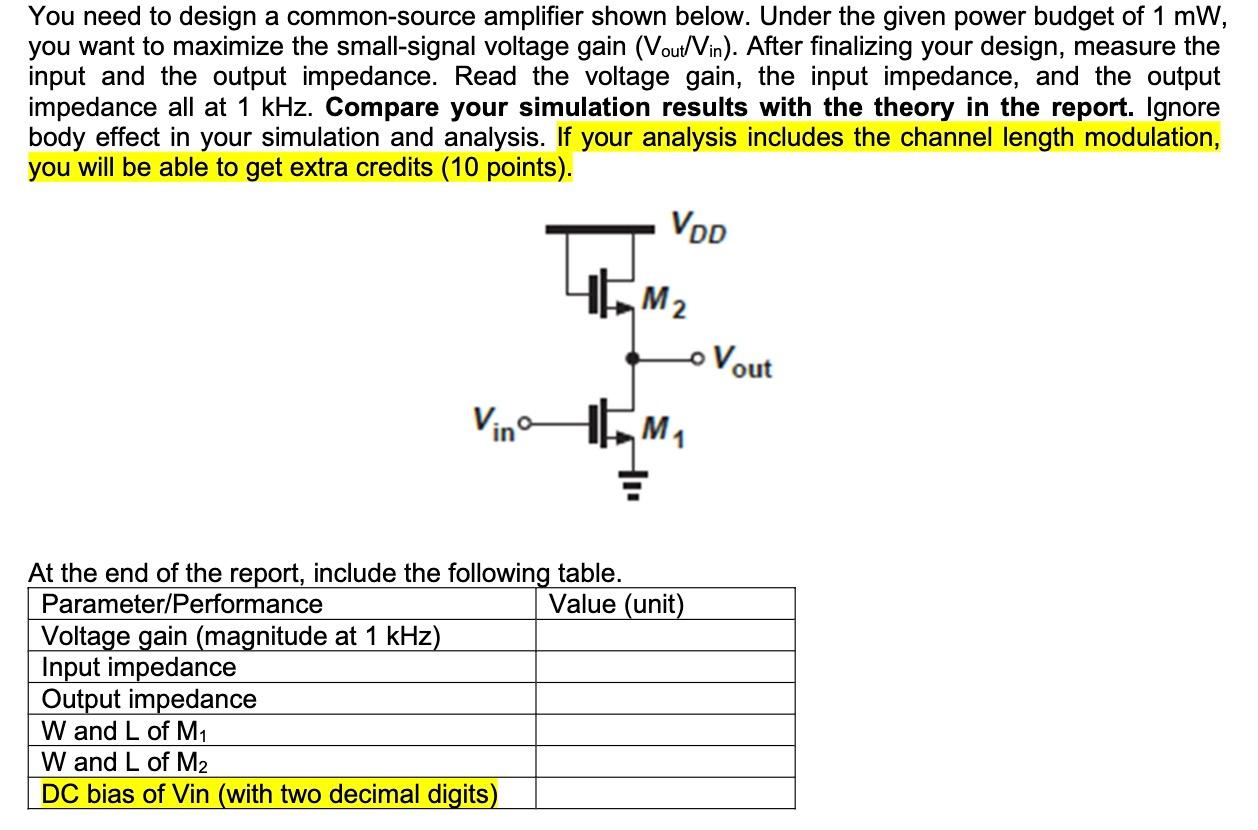 You need to design a common-source amplifier shown | Chegg.com