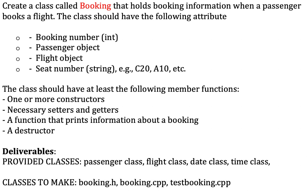 Solved Create a class called Booking that holds booking | Chegg.com