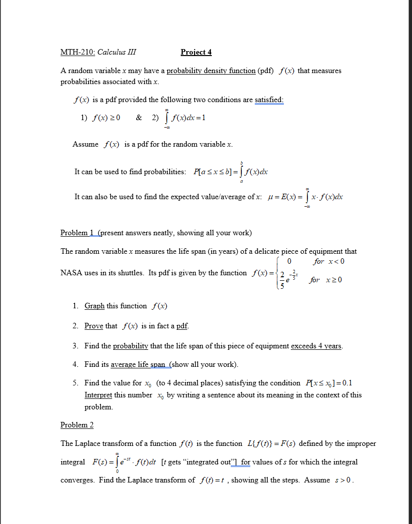 Solved MTH-210: Calculus III Project 4 A random variable x | Chegg.com