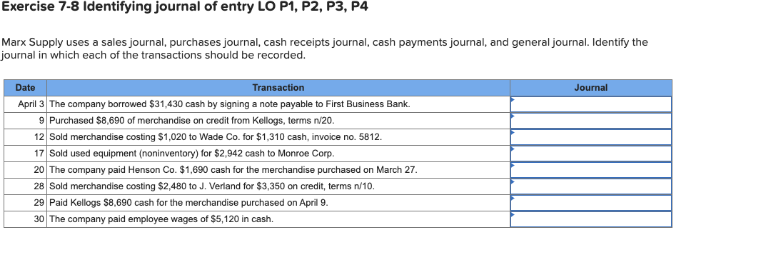 Solved Exercise 7-8 Identifying journal of entry LO P1, P2, | Chegg.com