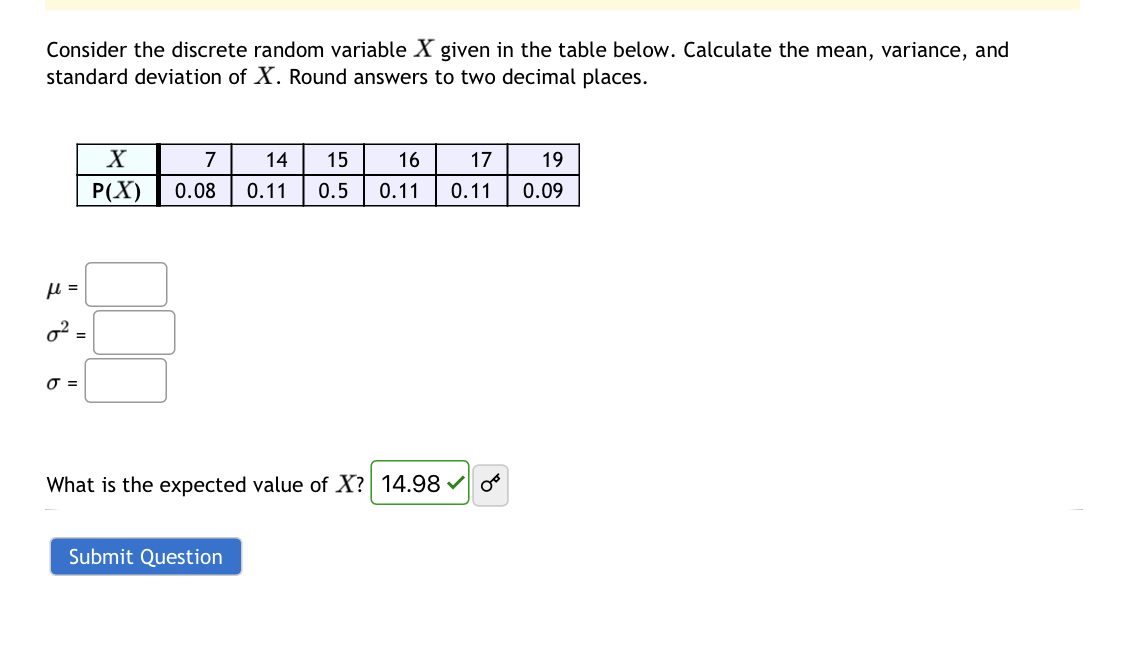 Solved Consider the discrete random variable X given in the | Chegg.com