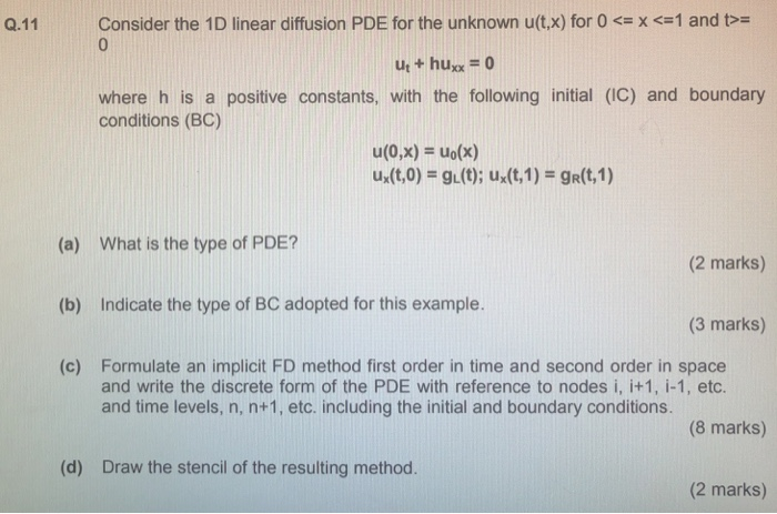 Solved Q.11 Consider the 1D linear diffusion PDE for the | Chegg.com