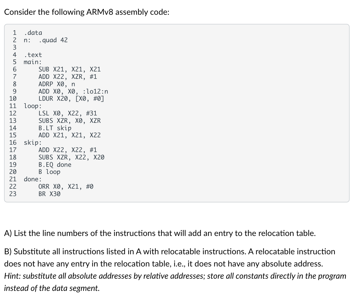 Solved Consider the following ARMv8 assembly code: . data n | Chegg.com