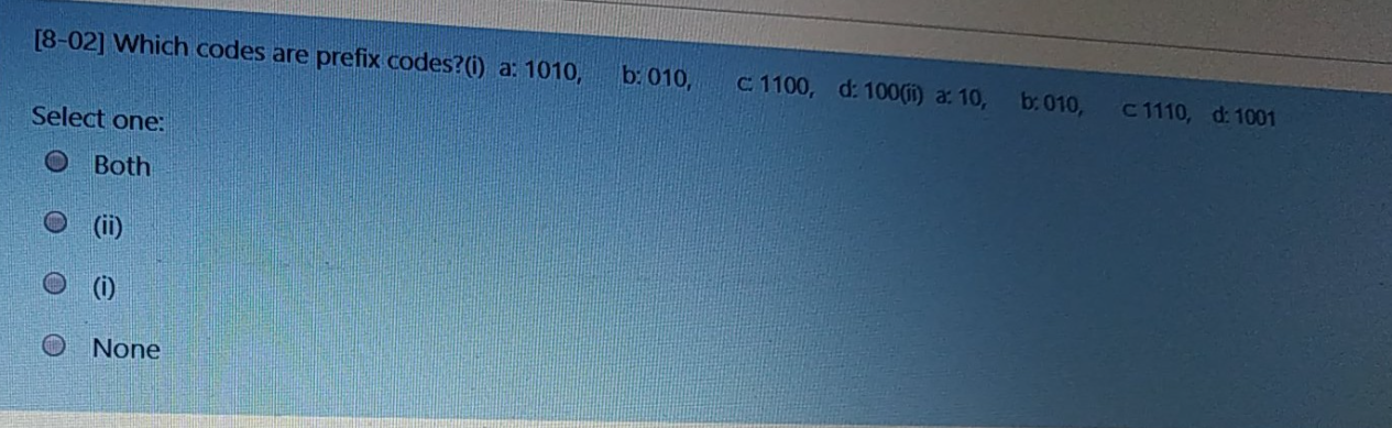Solved [8-02] Which codes are prefix codes?(1) a: 1010, b: | Chegg.com