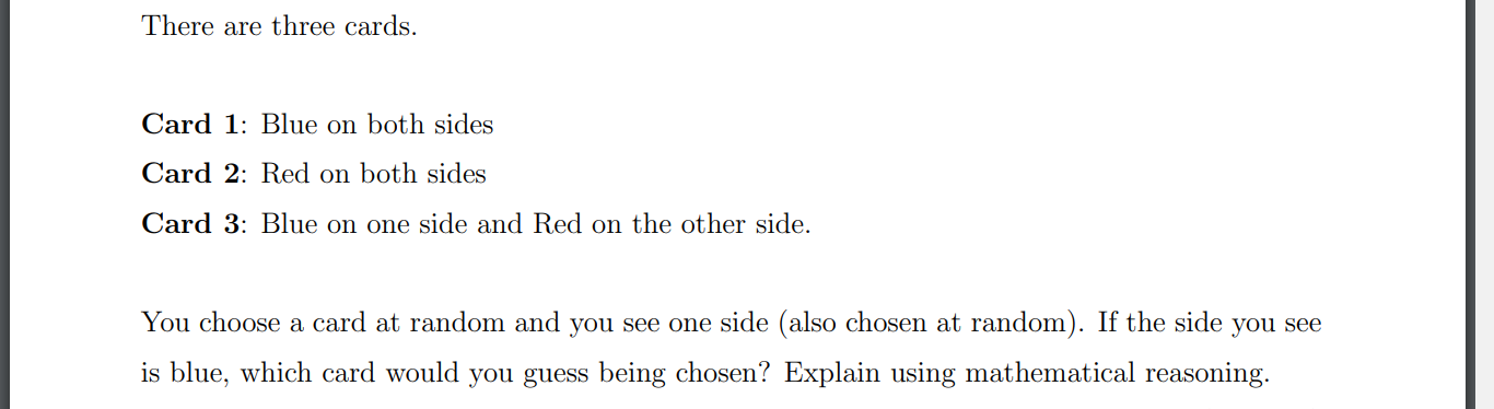 Solved There are three cards. Card 1: Blue on both sides | Chegg.com
