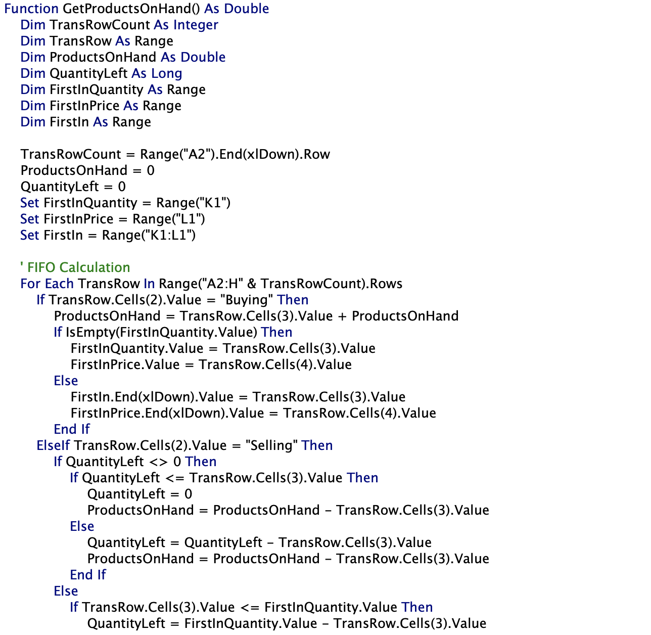 Solved Function GetProductsOnHand() As Double Dim | Chegg.com