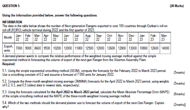 Solved QUESTION 5 (20 ﻿Marks)Using the information provided | Chegg.com