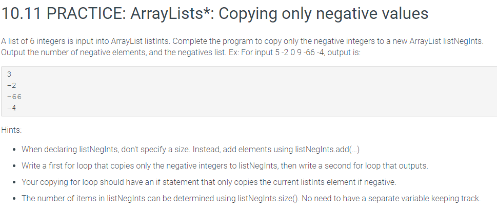 Solved 10.11 PRACTICE: ArrayLists*: Copying only negative | Chegg.com
