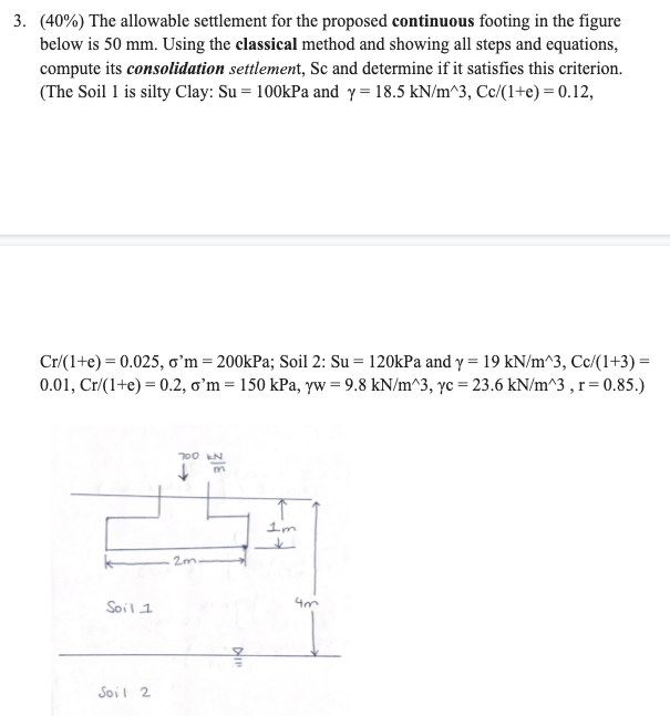Solved 3. (40%) The allowable settlement for the proposed | Chegg.com