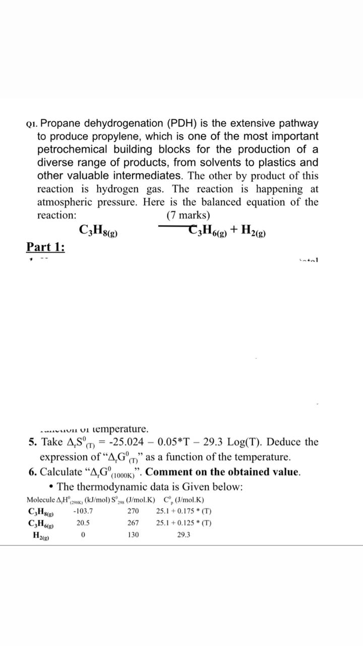 Solved Q1. Propane dehydrogenation (PDH) is the extensive | Chegg.com