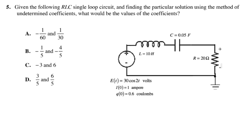 Solved 5. Given the following RLC single loop circuit, and | Chegg.com