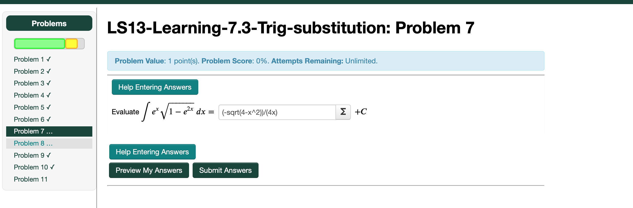 Solved Problems LS13-Learning-7.3-Trig-substitution: Problem | Chegg.com