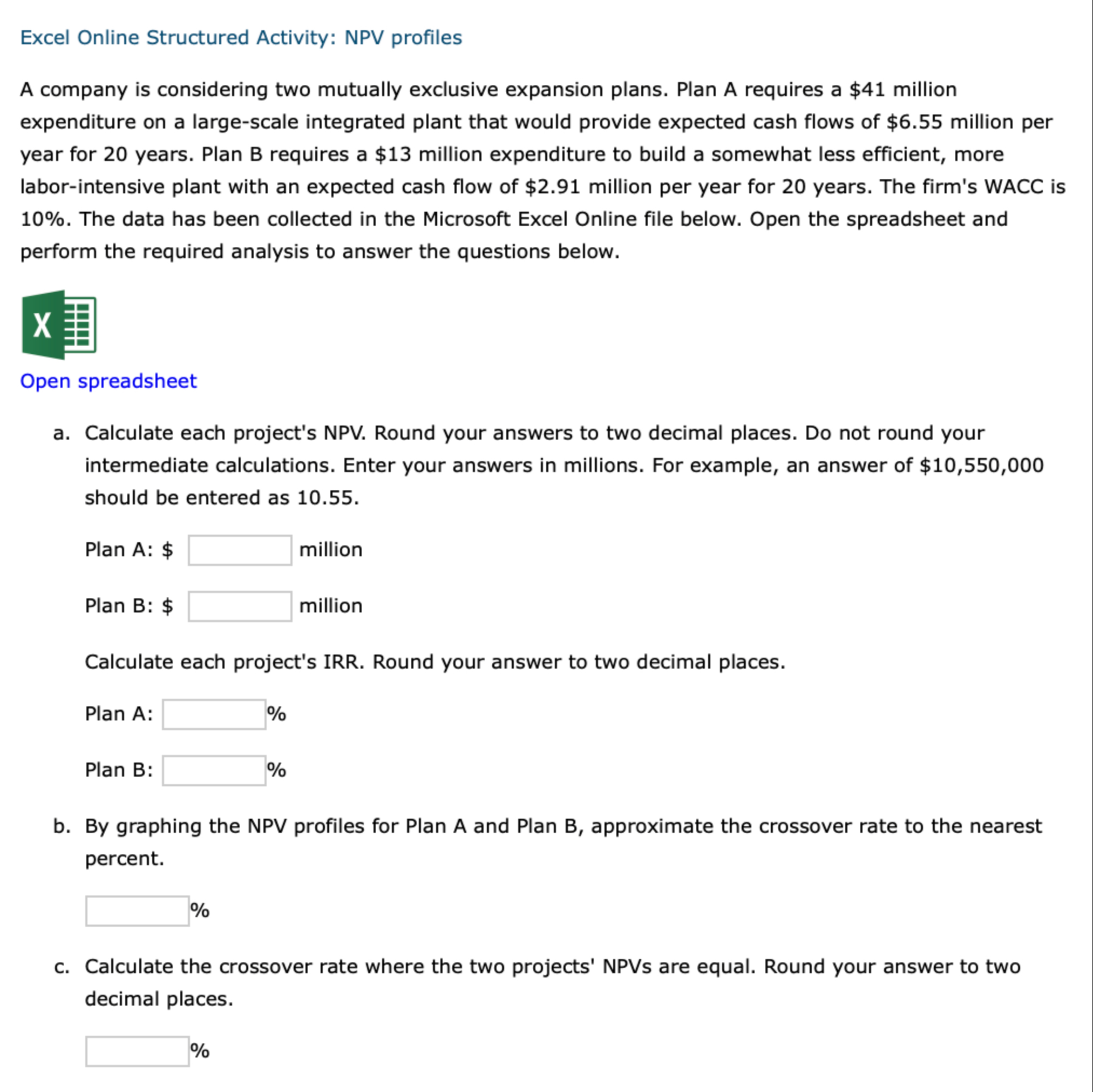 Solved Excel Online Structured Activity: NPV profilesA | Chegg.com