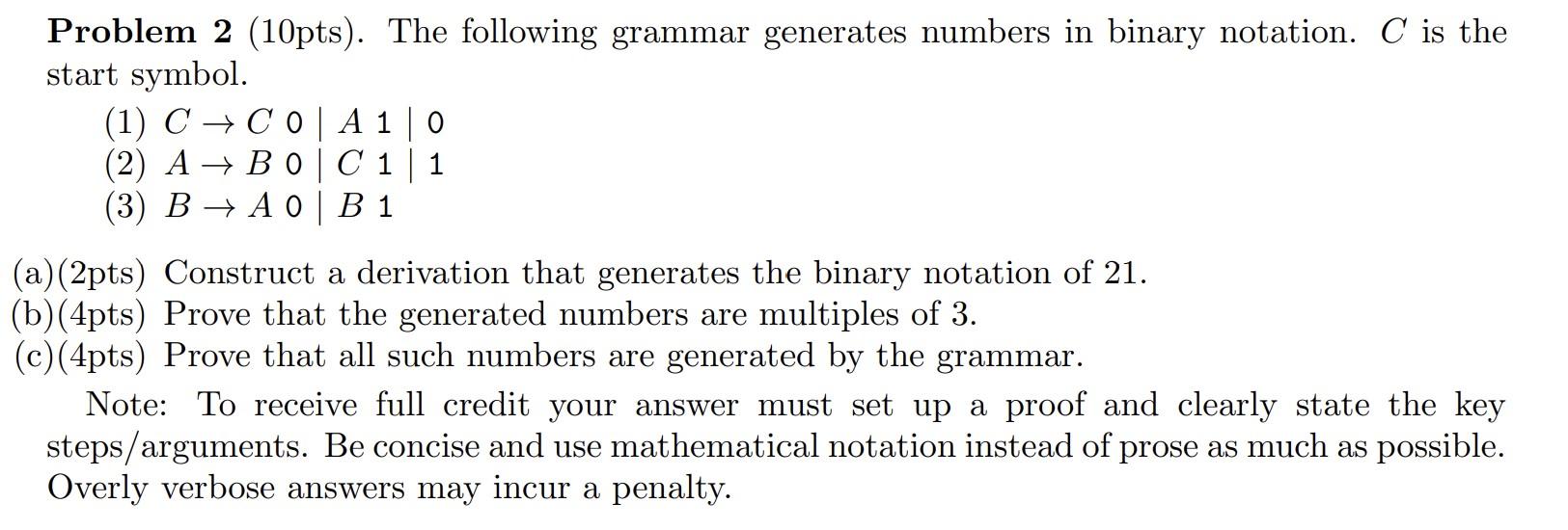 Solved Problem 2 (10pts). The following grammar generates | Chegg.com