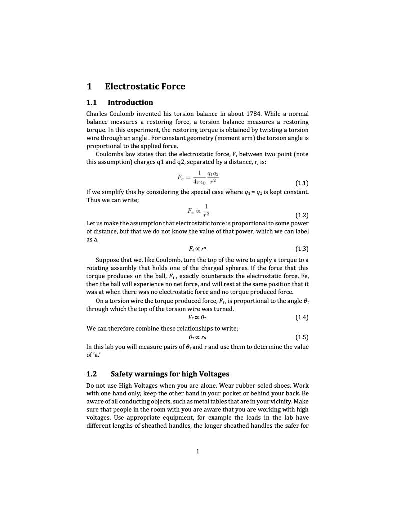 Solved 1 Electrostatic Force 1.1 Introduction Charles | Chegg.com
