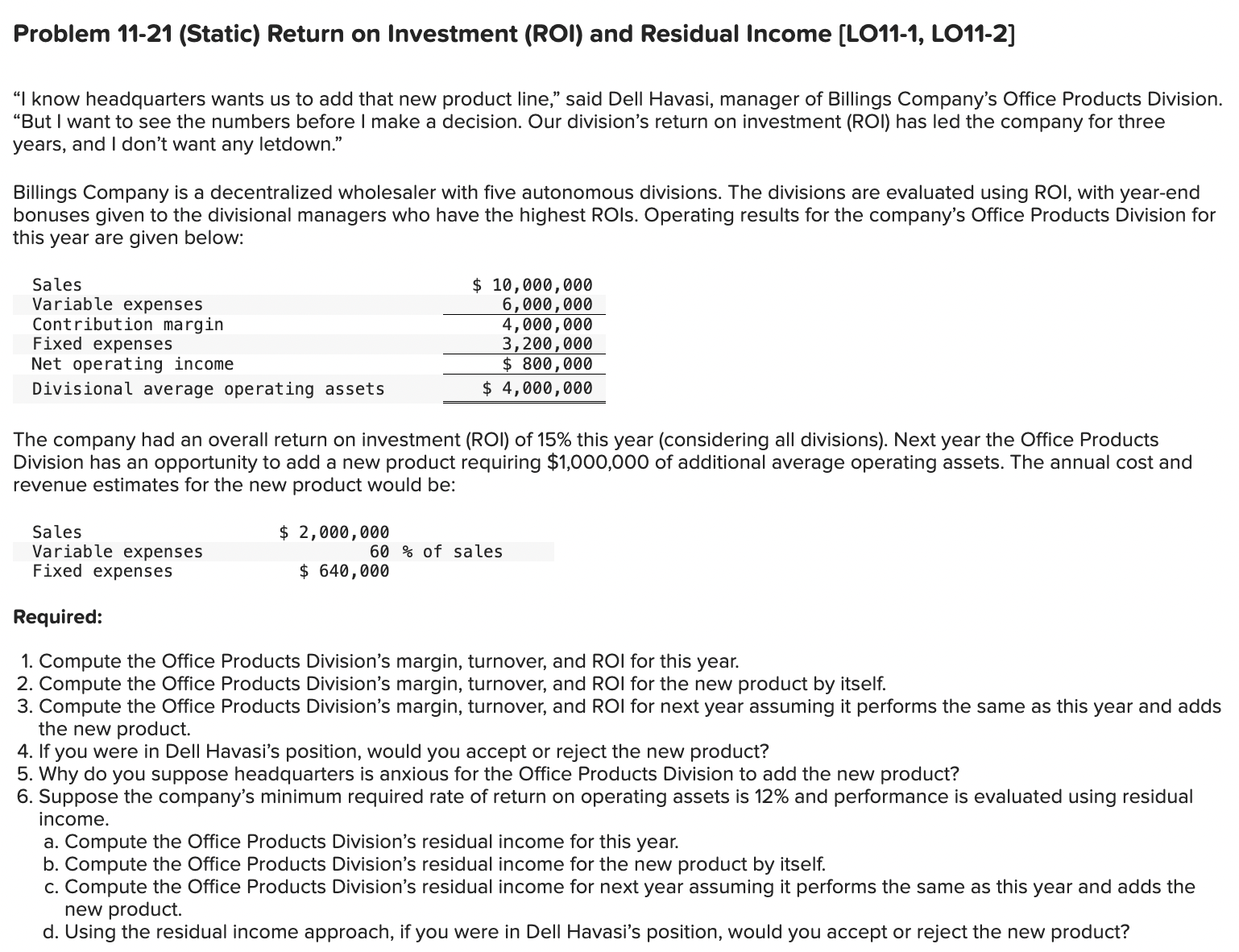 Solved Problem 11-21 (Static) Return on Investment (ROI) and | Chegg.com