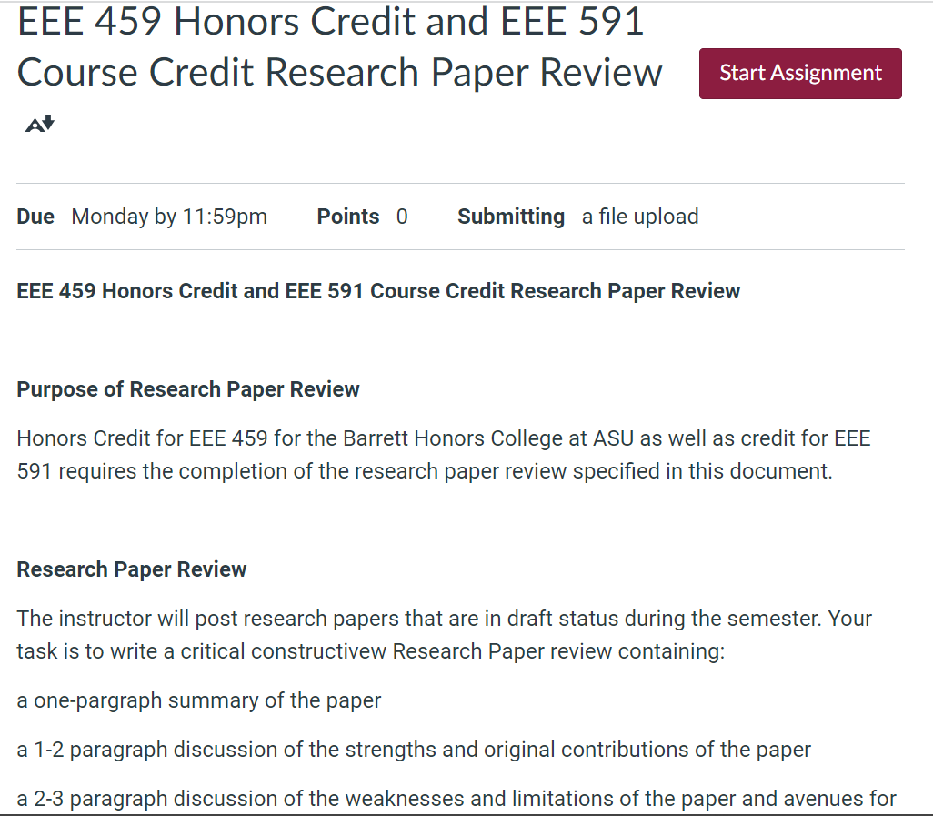 Solved EEE 459 ﻿Honors Credit and EEE 591Course Credit | Chegg.com
