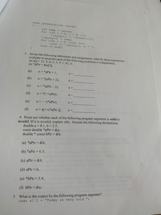 Solved void leftShift (int array) int temp = *array; for | Chegg.com