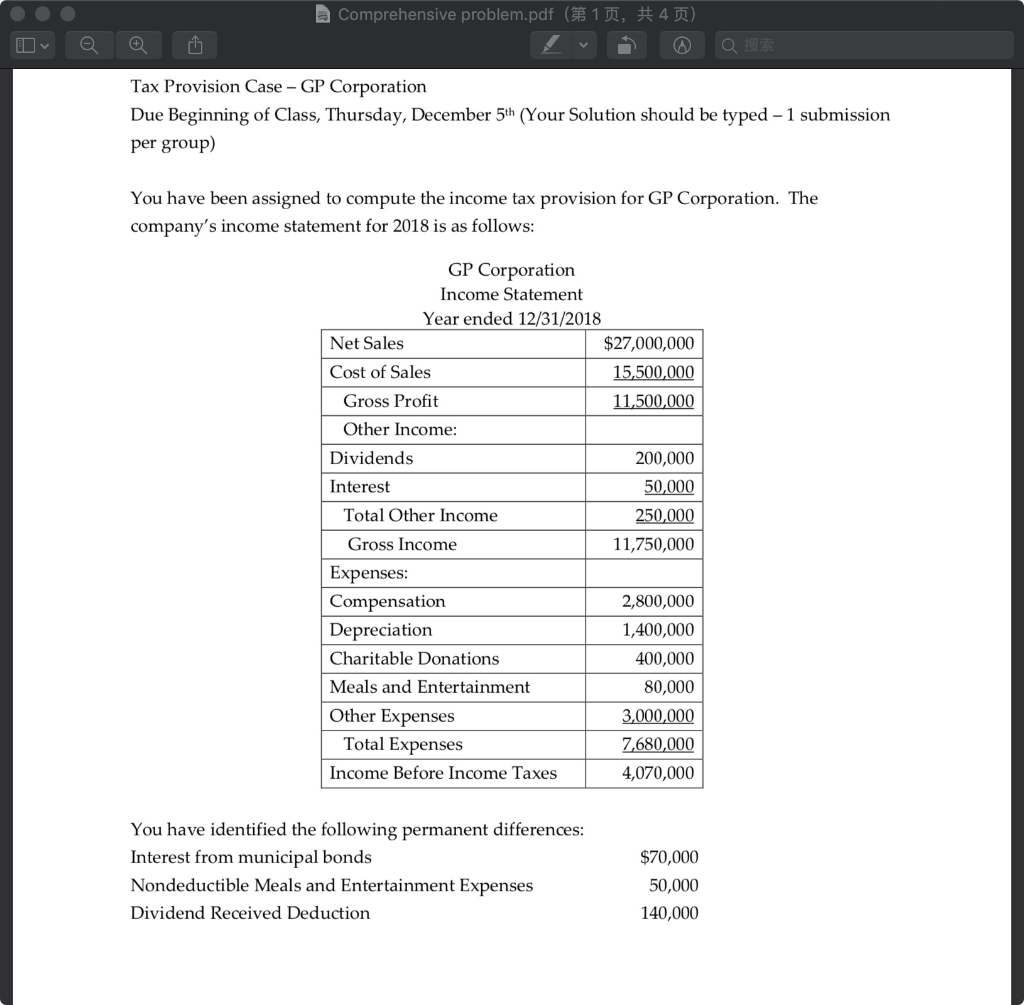 Tax Provision Case – GP Corporation You have been | Chegg.com