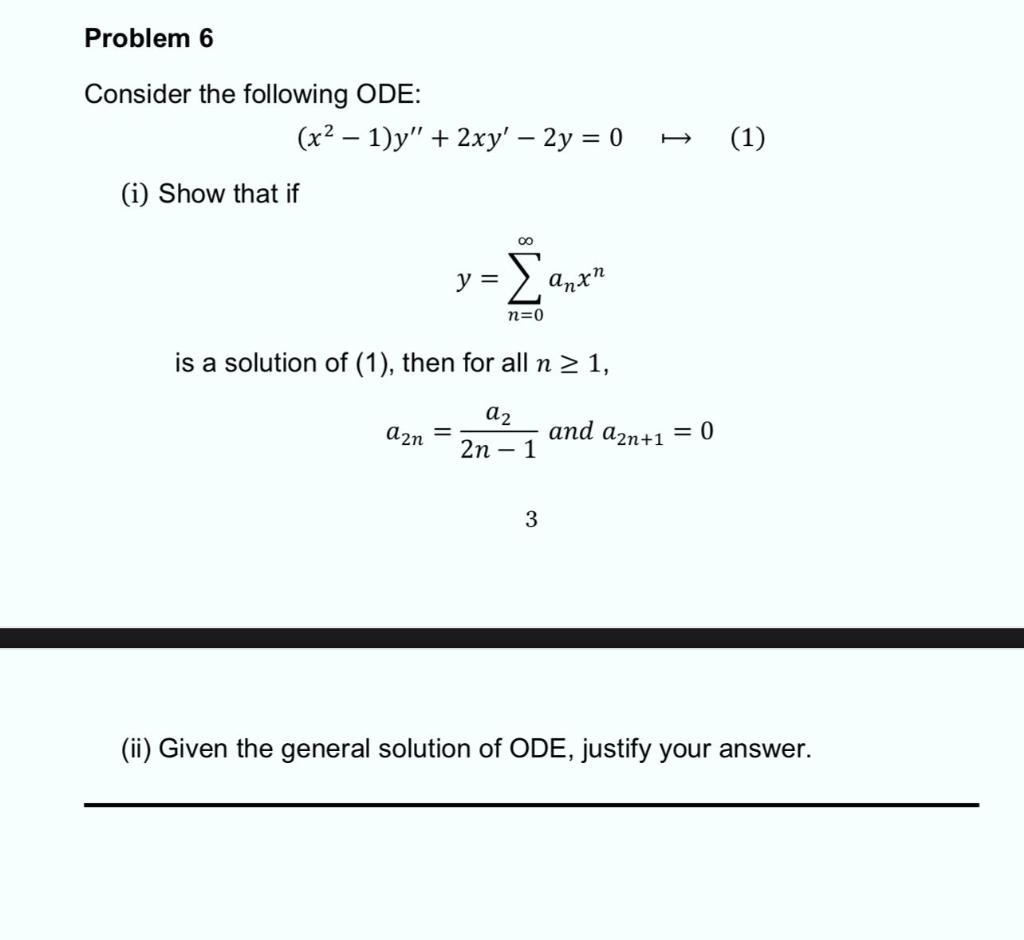 Solved Consider the following ODE: (x2−1)y′′+2xy′−2y=0↦ (1) | Chegg.com