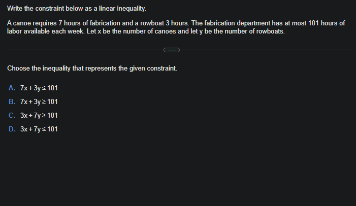 Solved Write the constraint below as a linear inequality. A | Chegg.com