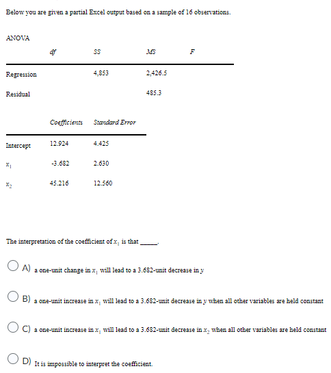 Solved Below you are given a partial Excel output based on a | Chegg.com