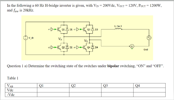 Solved In the following a 60 HzH-bridge inverter is given, | Chegg.com