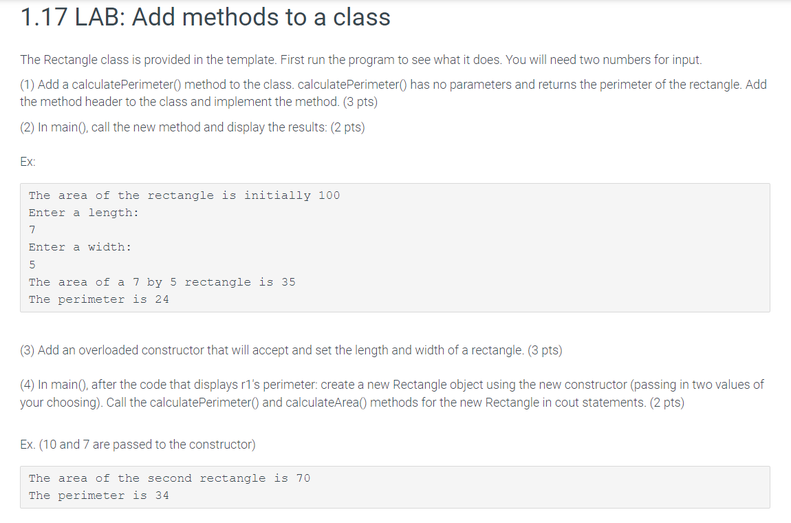 Solved 1.17 LAB: Add methods to a class C++ The Rectangle | Chegg.com
