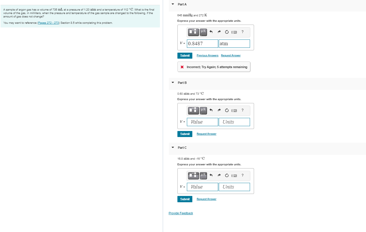 Solved A sample of argon gas has a volume of 735 mL at a | Chegg.com