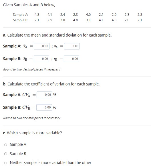 Solved Given Samples A and B below, Sample A: 4.8 4.1 2.4 | Chegg.com