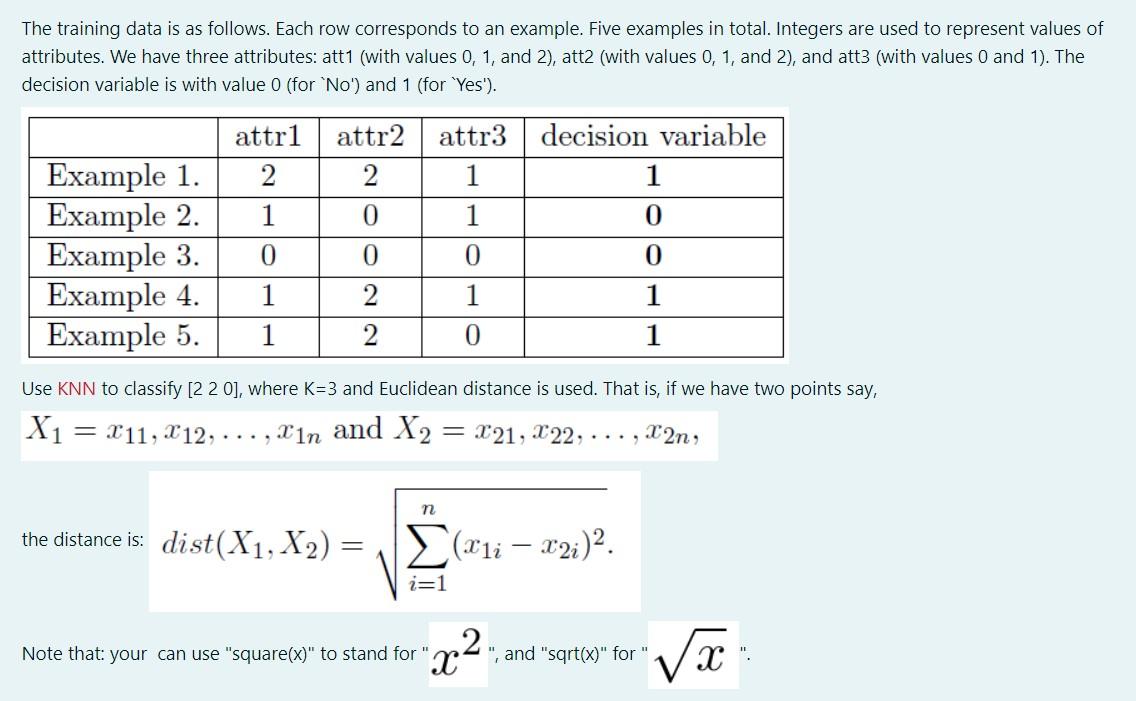 Solved The training data is as follows. Each row corresponds | Chegg.com