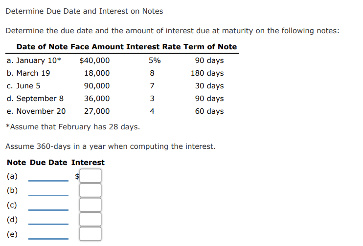 Solved Determine Due Date and Interest on Notes Determine | Chegg.com