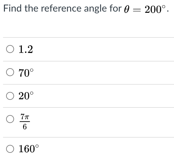 Solved Find the reference angle for 0 = 200°. O 1.2 O 70° | Chegg.com