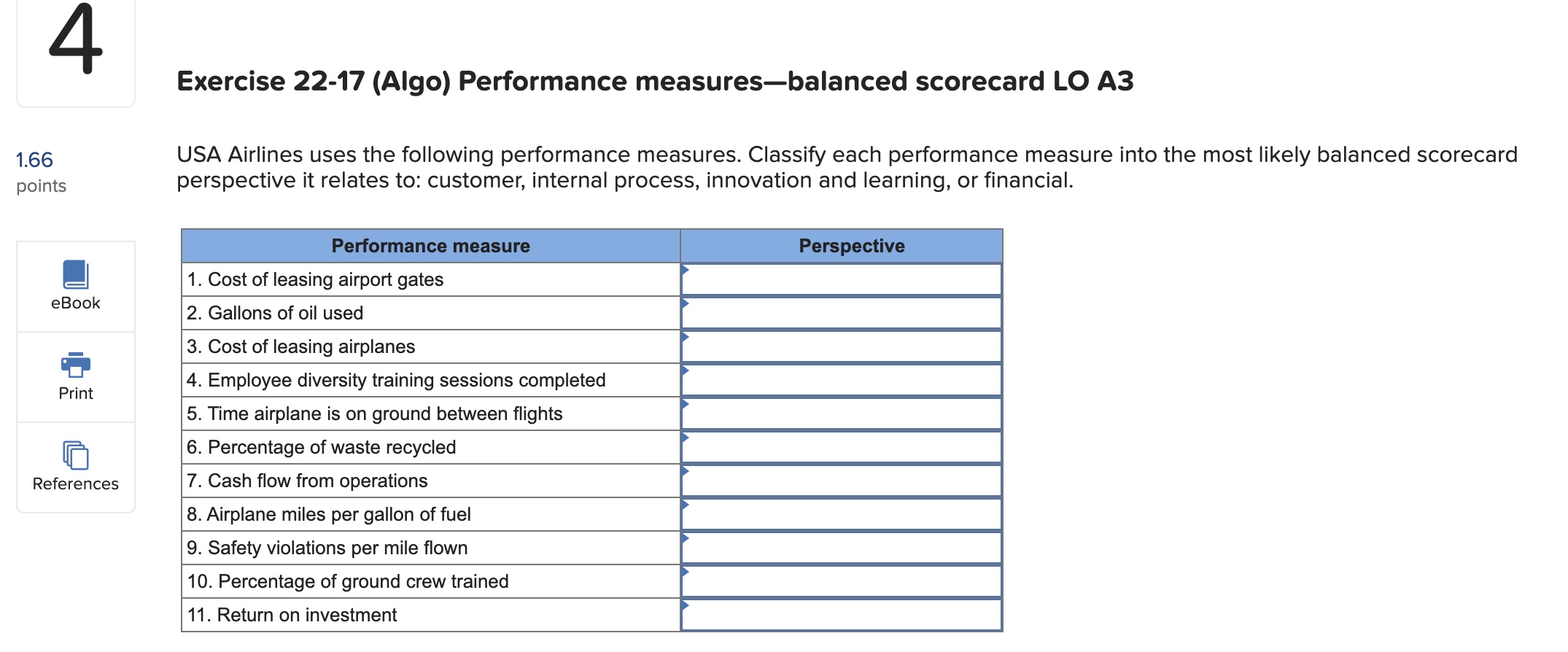 Solved USA Airlines uses the following performance measures. | Chegg.com