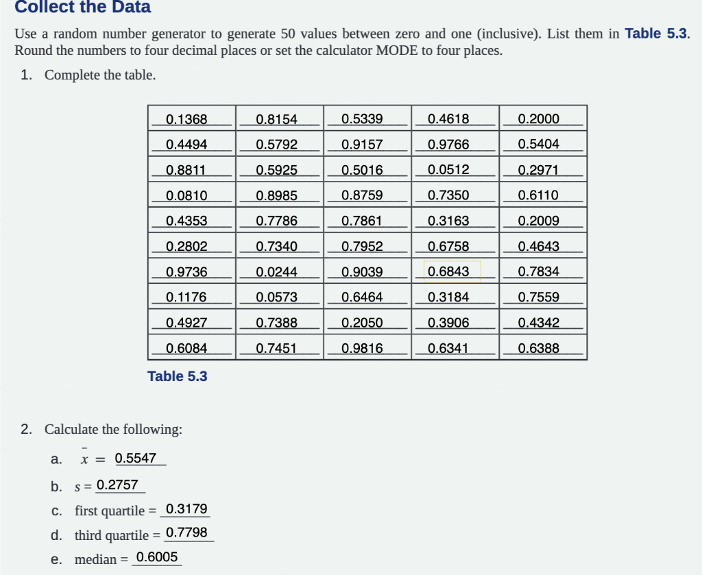 Use a random number generator to generate 50 values | Chegg.com