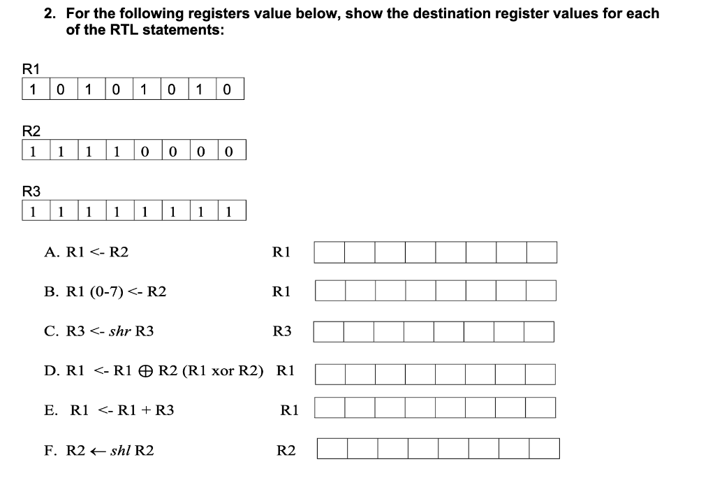 Solved 2. For the following registers value below, show the | Chegg.com