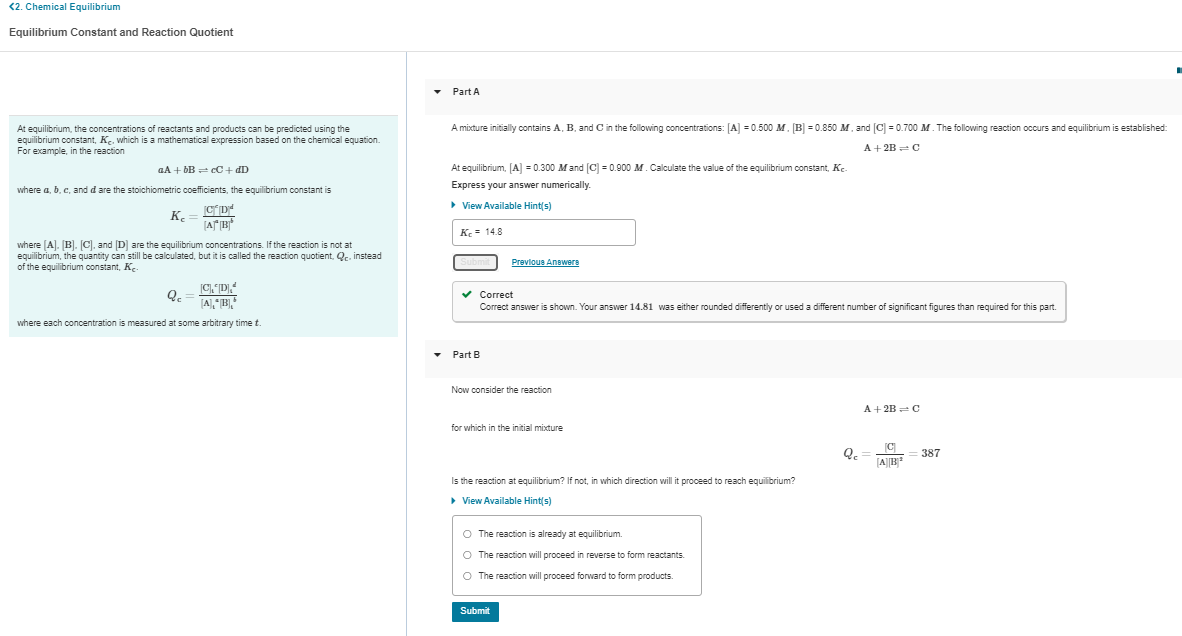 Solved Equilibrium Constant and Reaction Quotient At | Chegg.com