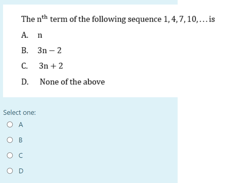 Solved The nth term of the following sequence 1,4,7,10,… is | Chegg.com