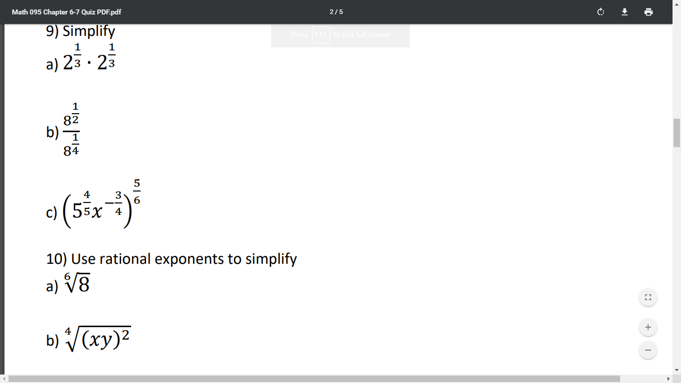 Solved Math 095 Chapter 6 7 Quiz PDF pdf 2 5 9 Simplify Chegg