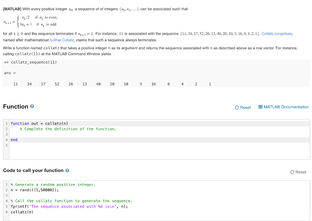 Solved [MATLAB] With every positive integer . a sequence of | Chegg.com