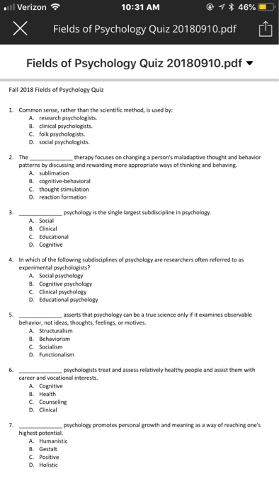 Solved .11 Verizon 10:31 AM Fields of Psychology Quiz | Chegg.com