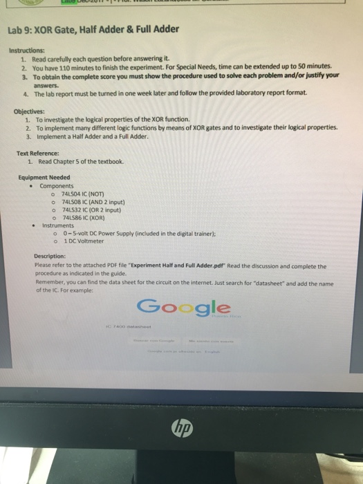 Solved Lab 9: XOR Gate, Half Adder & Full Adder Read | Chegg.com