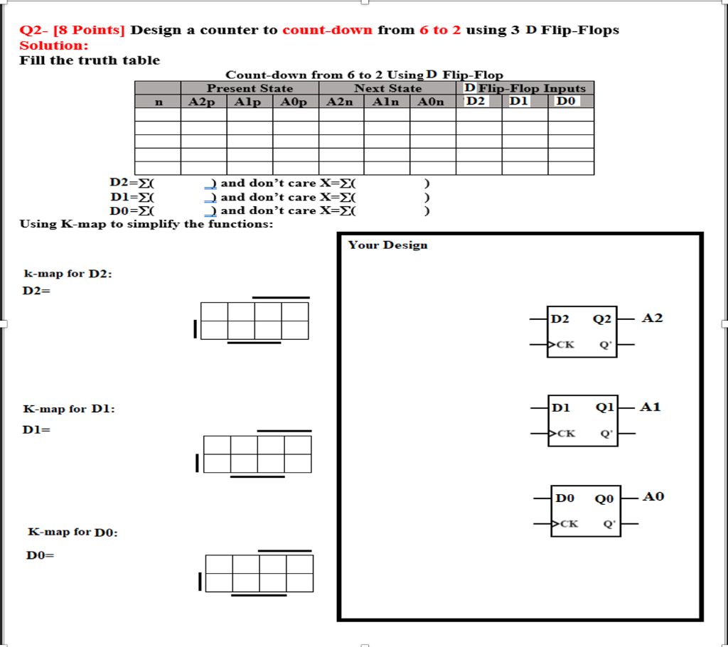 Solved Q2- [8 Points] Design a counter to count-down from 6 | Chegg.com
