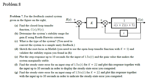 Solved Problem:8 Problem 7. For the feedback control system | Chegg.com