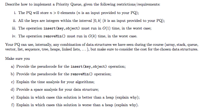 Describe how to implement a Priority Queue, given the | Chegg.com