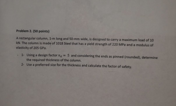 Solved Problem 2. (50 points) A rectangular column, 1-m long | Chegg.com